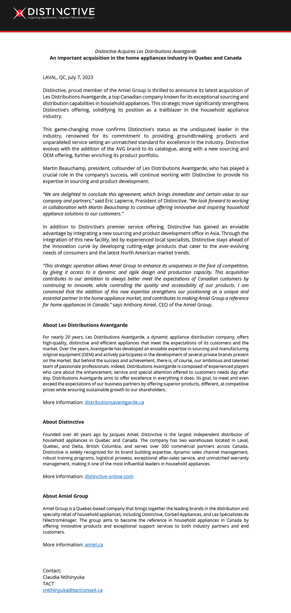 Distinctive Acquires Les Distributions Avantgarde - Distinctive